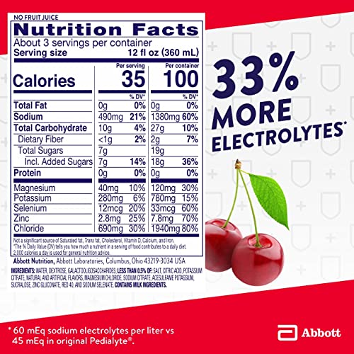 Pedialyte with Immune Support, Cherry Punch, Electrolyte Hydration Drink with Zinc, Selenium, and Magnesium, 1 Liter, Pack of 4