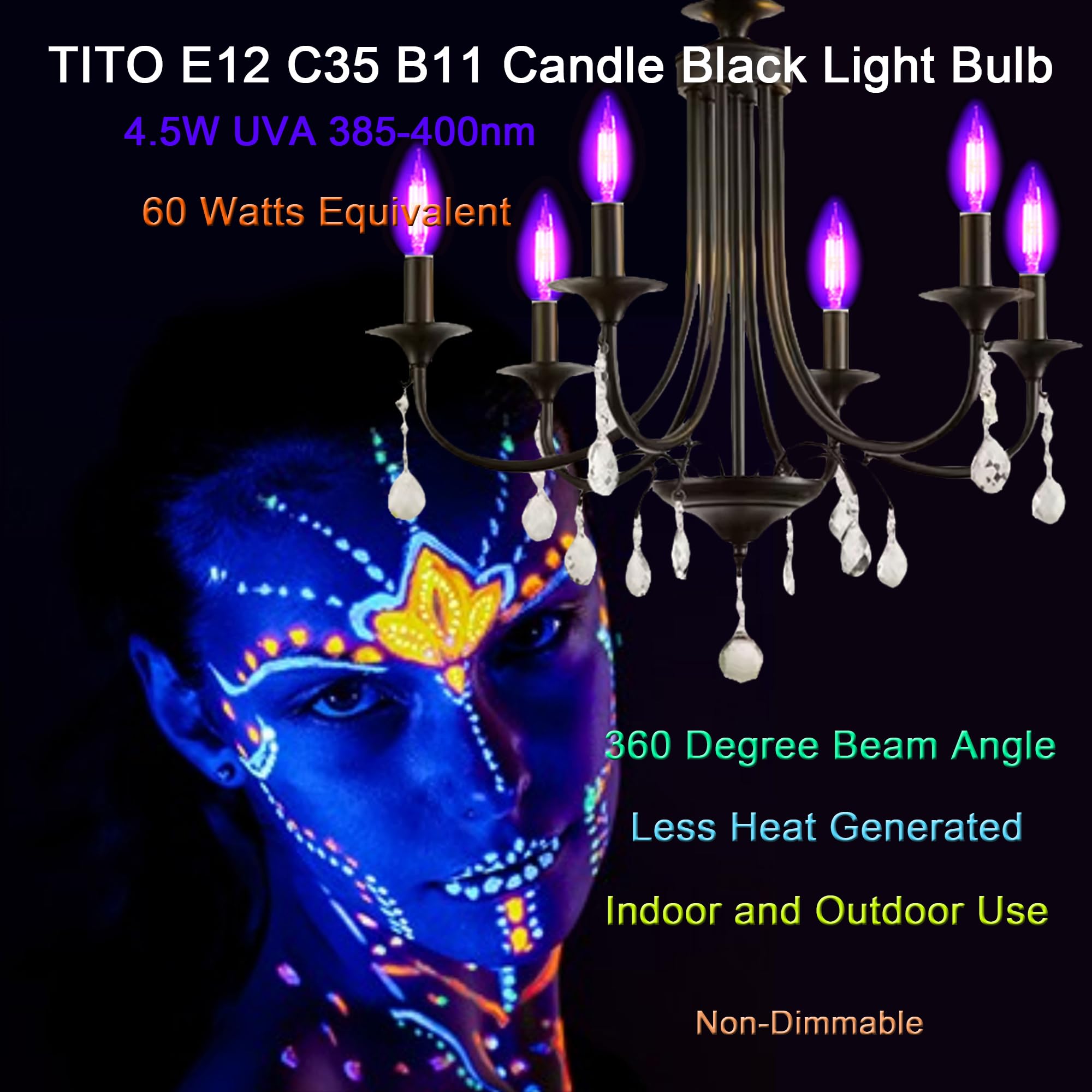 TITO 6 Pack E12 B11 Filament LED Candle Black Light Bulbs, UVA 395nm 4.5W Candelabra Black Light Bulb, 60W Blacklight Bulb Equivalent, Glow in Dark Halloween Christmas Party Fluorescent Posters Decor