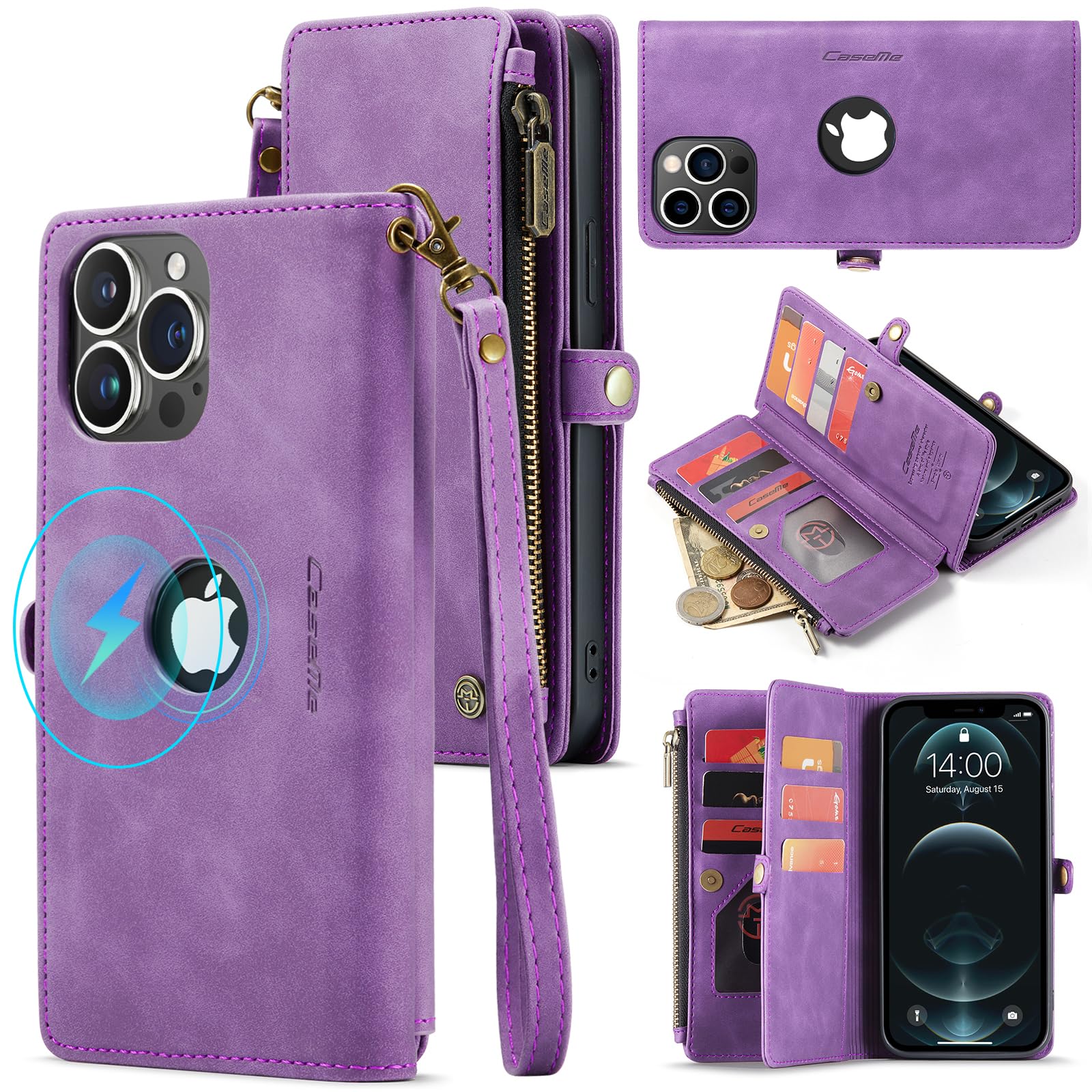 CaseMe Logo View for iPhone 13 Pro Max Magsafe Wallet Case Credit Card Holder,PU Leather Folio Flip Lanyard Strap Wristlet Zipper Wireless Charging Women Men for iPhone 13 Pro Max Phone case(Blue)