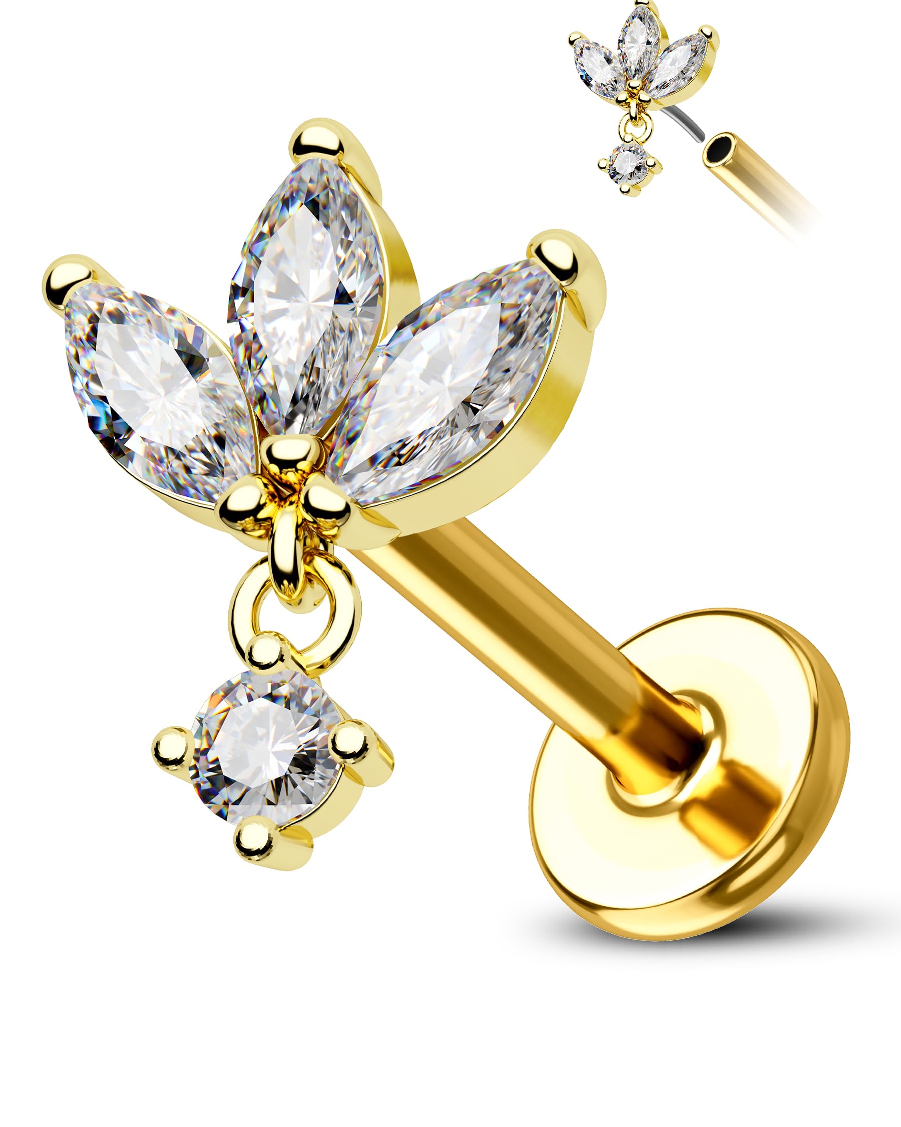 COCHARM 14k Solid Gold Dangling Helix Earings 18g Yellow Gold Cartilage Earrings Stud Real Gold Lotus Flower 18g Tragus Earrings Stud For Women