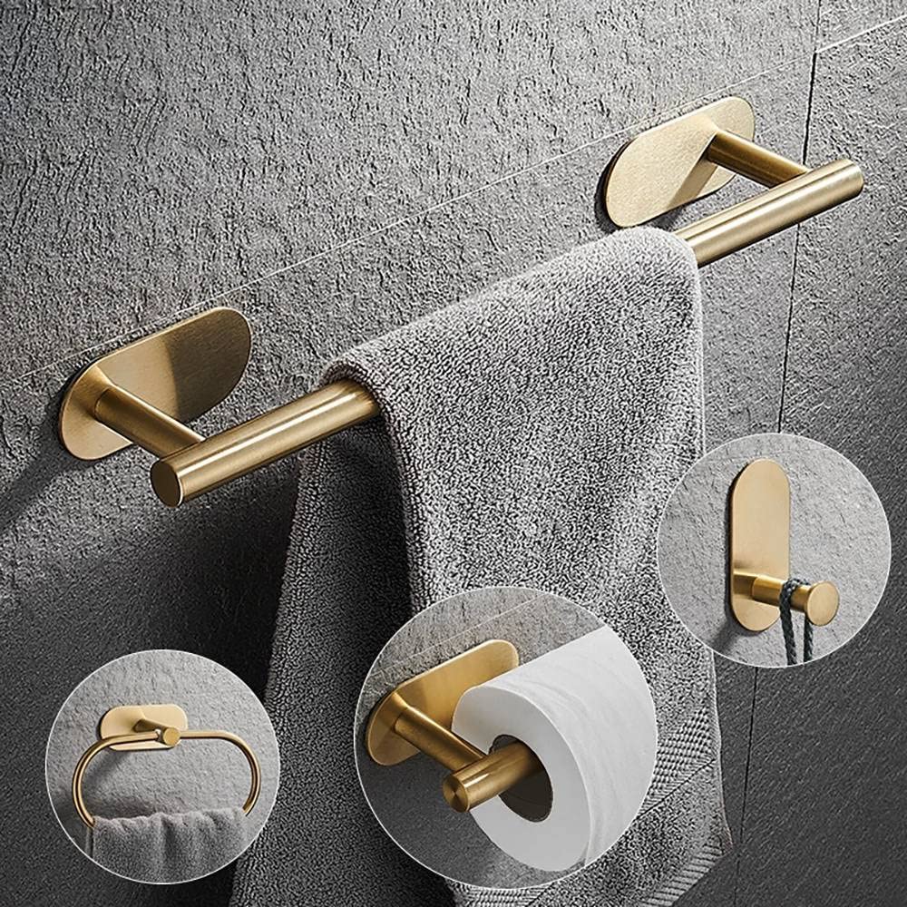 OSER Wall Mounted Hand Towel Bar Rack Brushed Gold Stainless Steel Round Toilet Paper Holder Hook Hardware Accessories,10cm