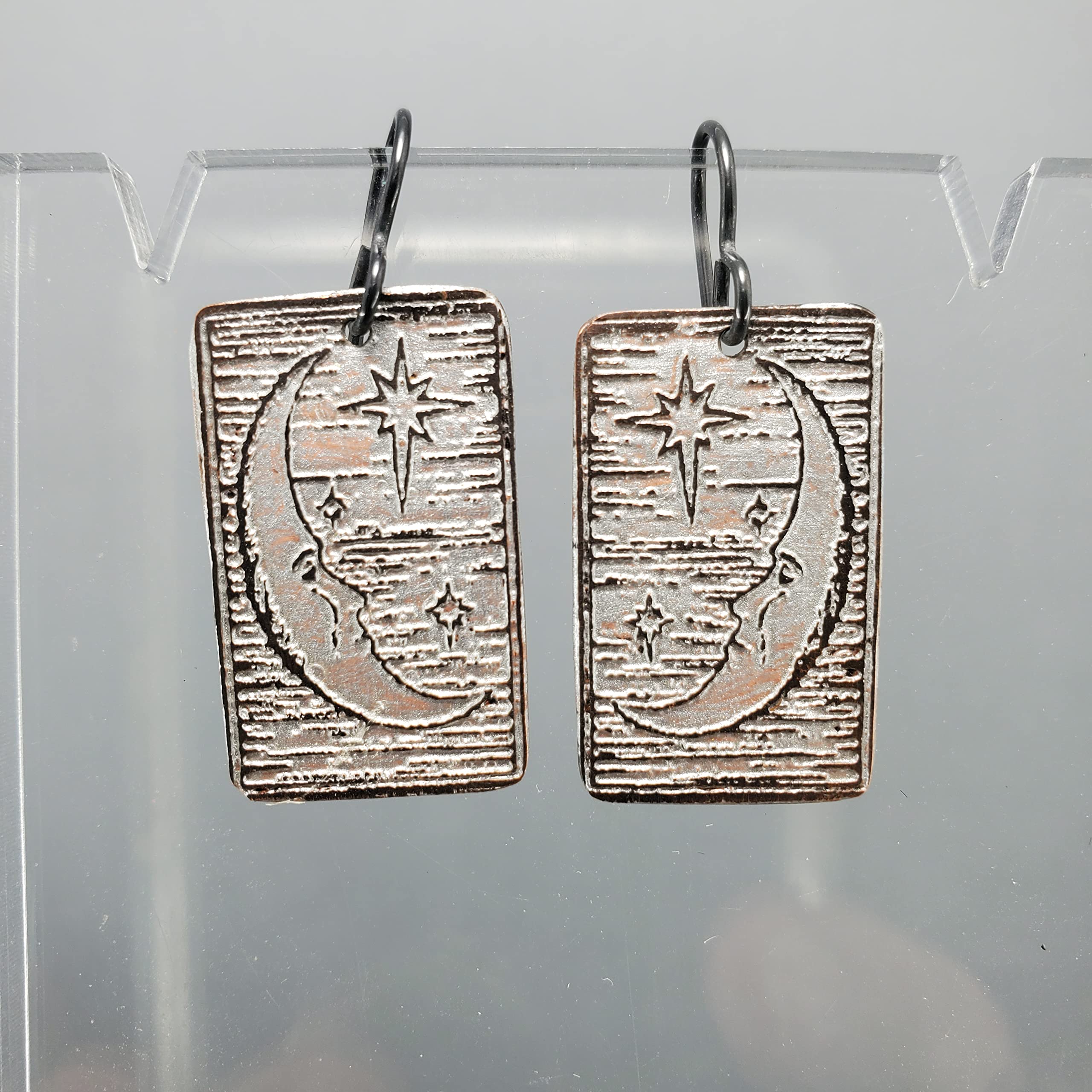 Celestial Moon Earrings Moon Beam Earrings Tarot Card Moon Earrings Silver Moon Earrings Etched Recycled Copper