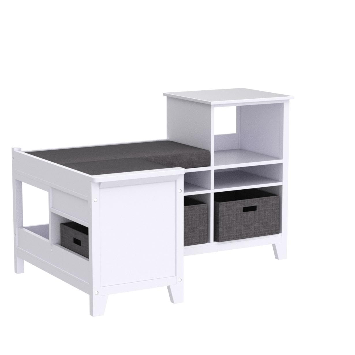 Martha Stewart Kids' Corner Nook - Creamy White: Wooden Storage Bench Bookcase Organizer with Seat Cushion and Fabric Bins for Reading in Bedroom or Playroom