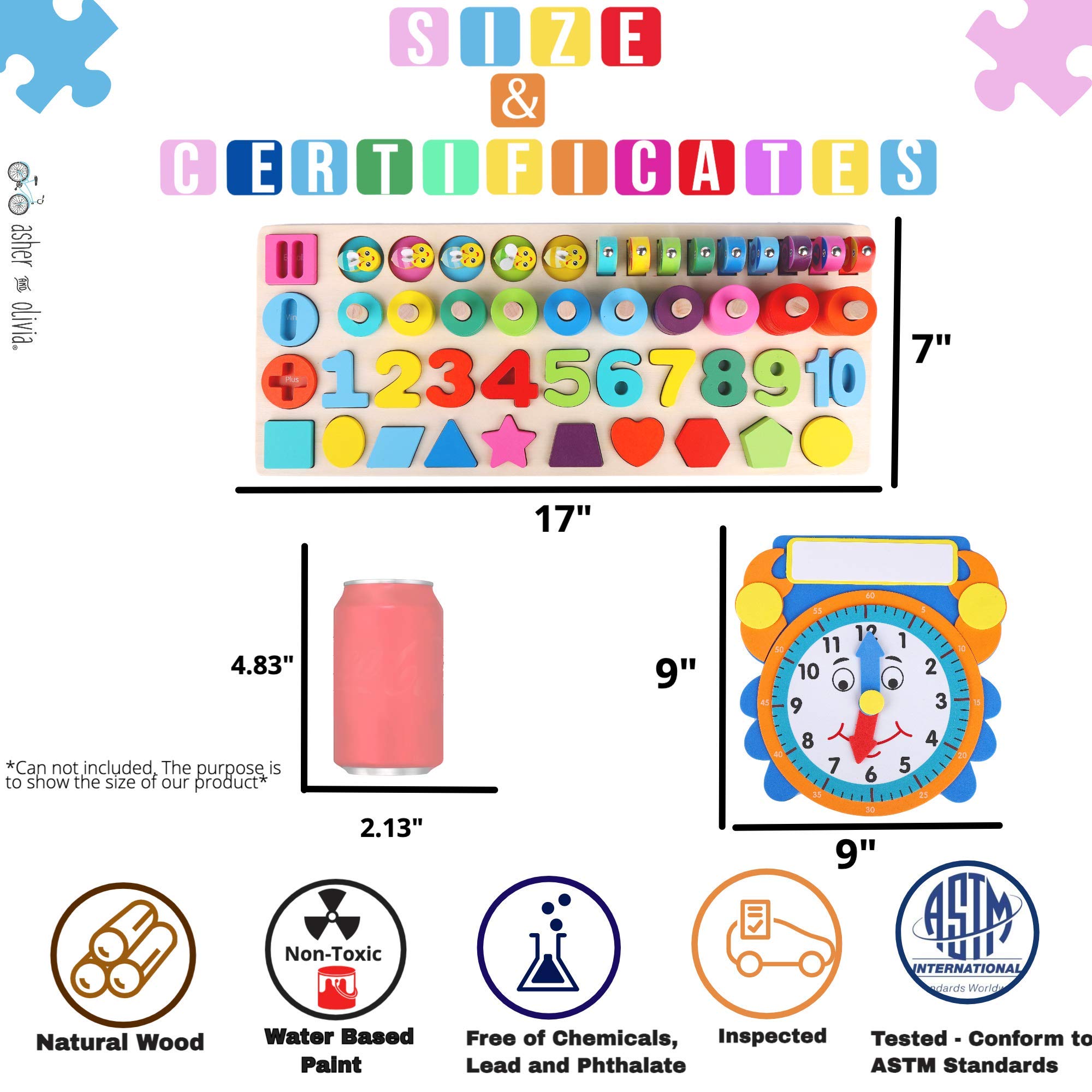 Wooden Montessori 7 - 1 Puzzle Set–Shape Sorter Counting Game, Preschool Education Math Stacking Block Learning Wood Math, Number, Shape, Picking, Stacking, Counting, Fishing Set with Learning Clock