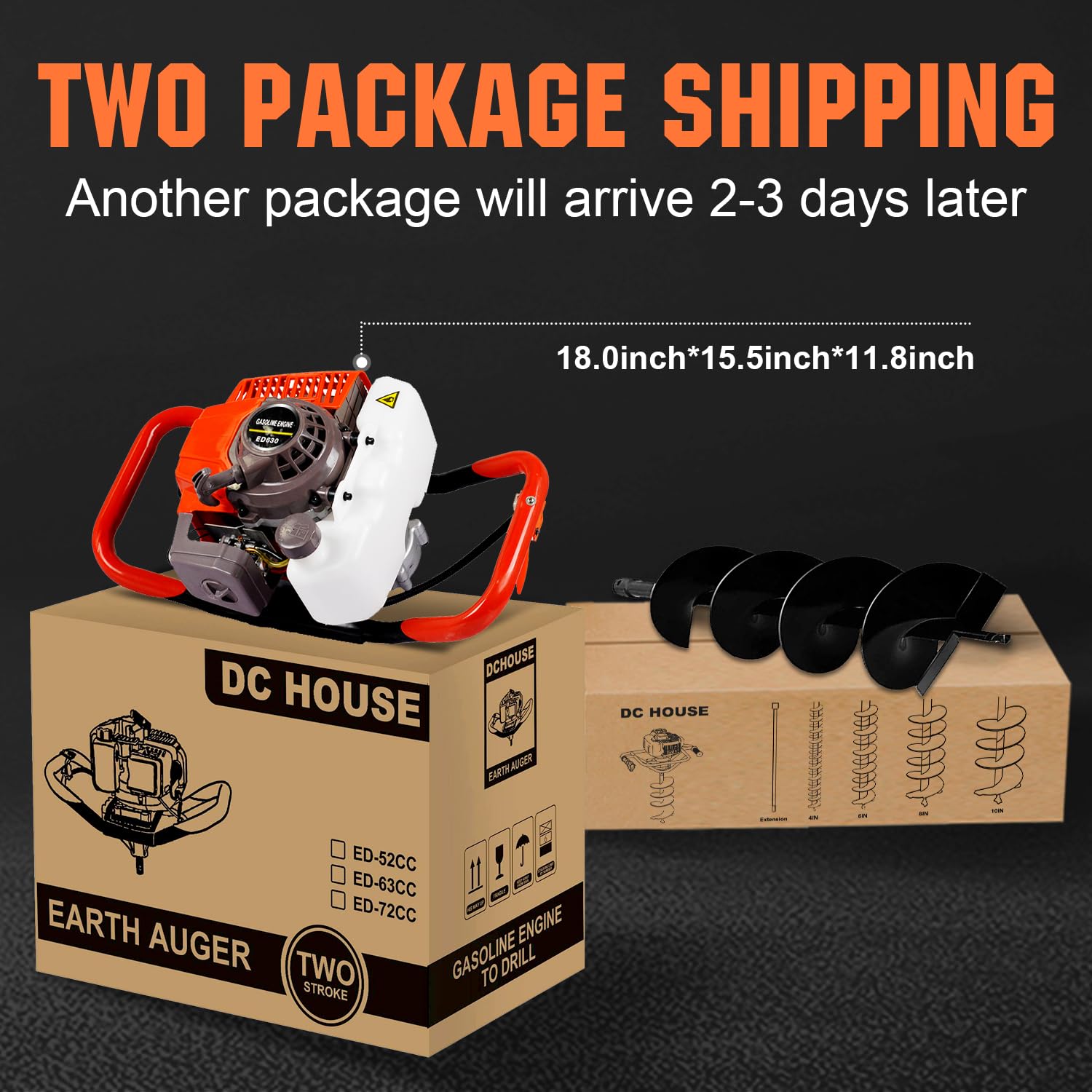DC HOUSE 63CC Gas Powered Auger Post Hole Digger with 3 Earth Auger Drill Bits (6"&10"&12") One Man Operator Engine and Drill Bits | Multi-Package Shipping
