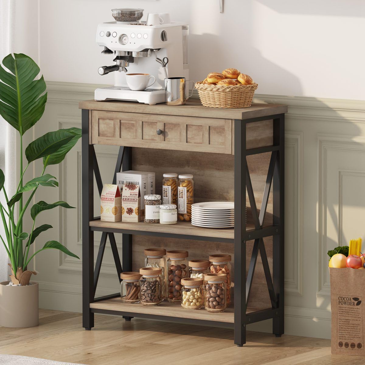 FATORRI Rustic Bookshelf with Drawer, Industrial Wood and Metal Bookcase, Small Book Shelf and Low Book case for Small Space (Rustic Oak)