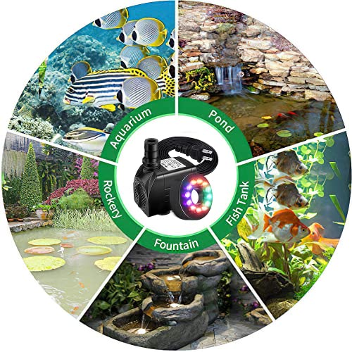 Fountain Pump with Led Lights, 220GPH 15W Submersible Water Fountain with 63" High Lift for Aquarium Fish Tank Pond Hydroponic 5.9ft Power Cord, 2 Nozzles