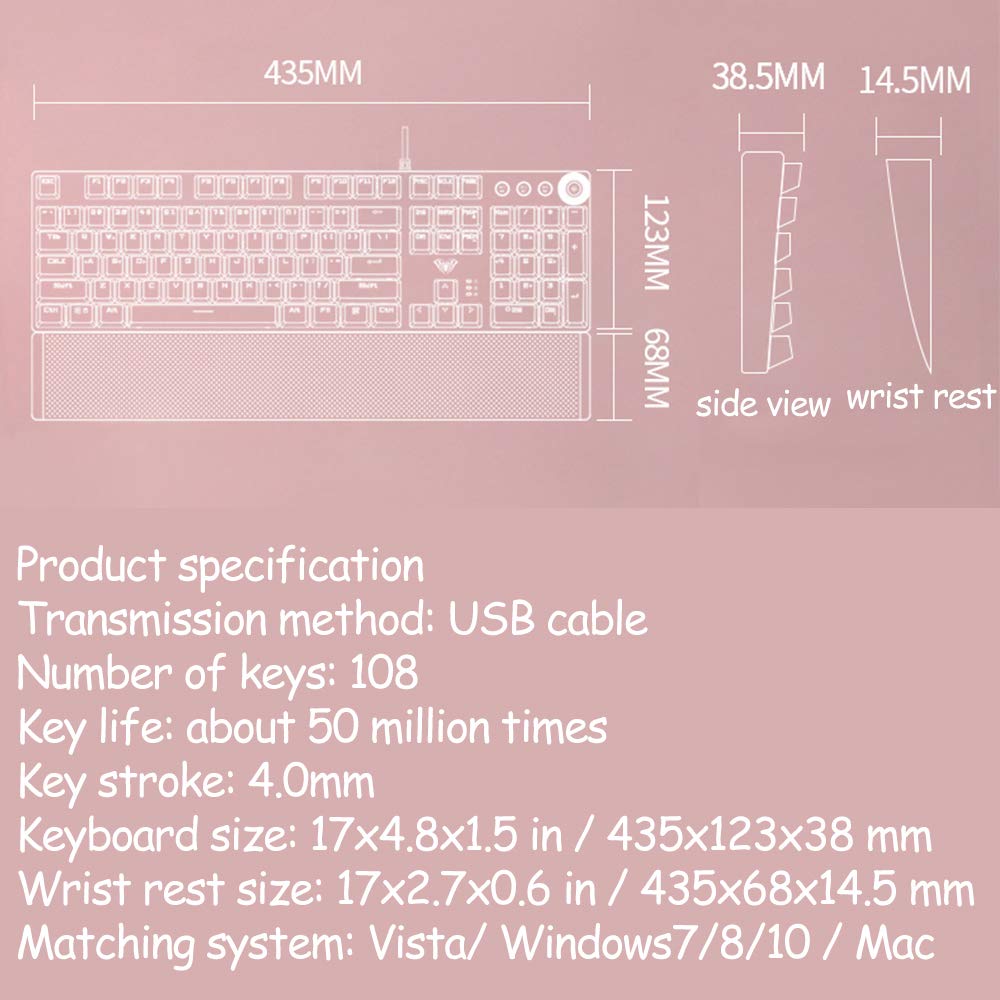 CCTECH Mechanical Gaming Keyboard,USB Wired,Magnetic Wrist Rest,Pure White Backlight Classic Keycaps,for Gaming,Office and Home,Dedicated Media Keys. (Pink)
