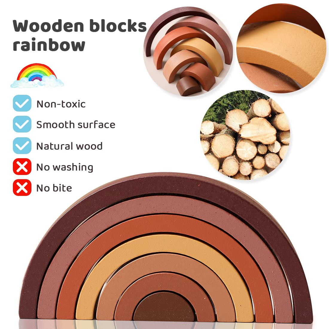 Wooden Rainbow Stacker Nesting Puzzle Blocks, 7pcs Wooden Sorting & Stacking Toys for Toddlers, Building Blocks Set Early Educational Montessori Matching Toys for Preschool Boys Girls