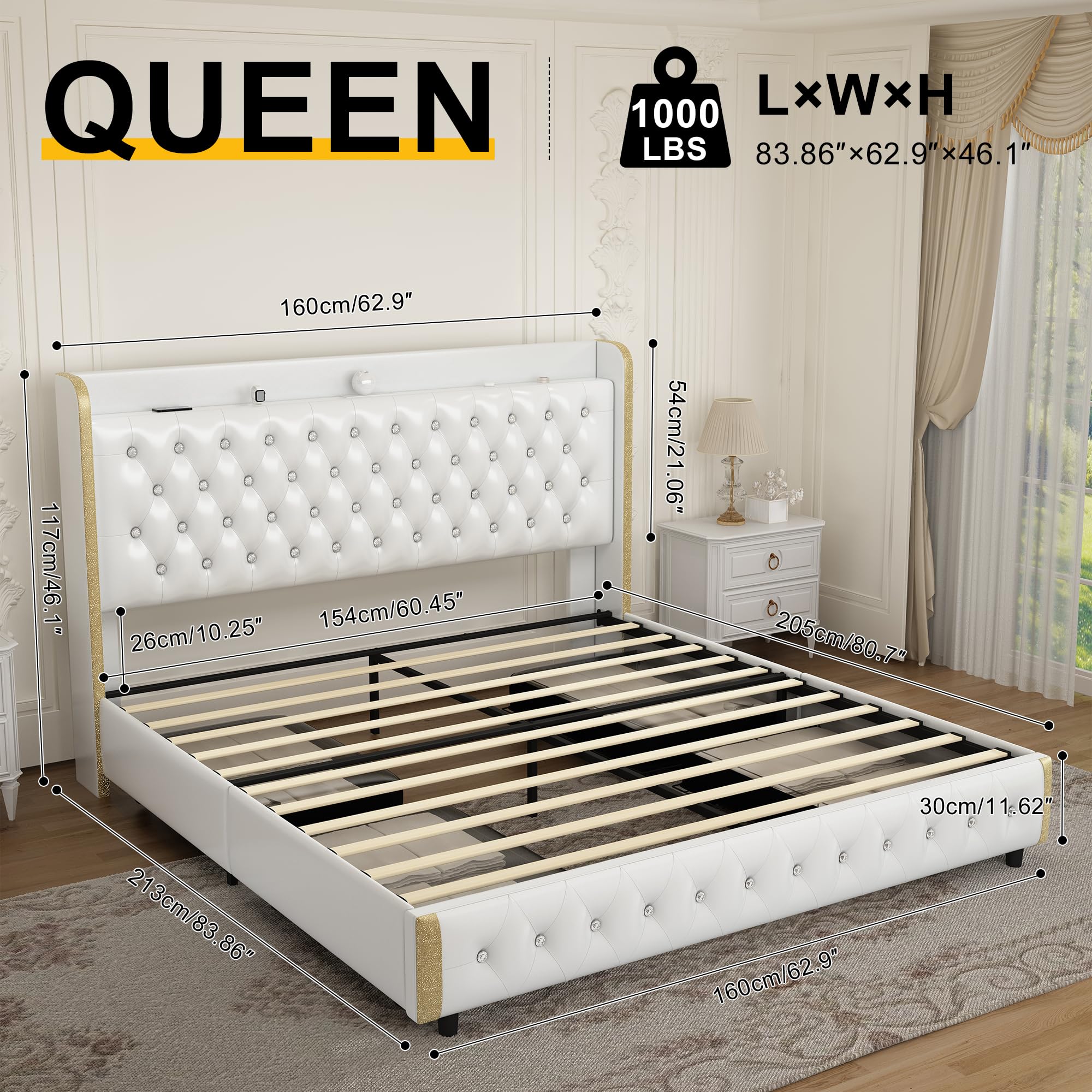 GEGOFORU Queen Wingback Modern Platform Bed with Galaxy Projector, 4 Dust-Proof Storage Drawers, LED Bed Frame, USB Ports, No Box Spring Needed & Noise-Free Sturdy Wood Slats, PU Black