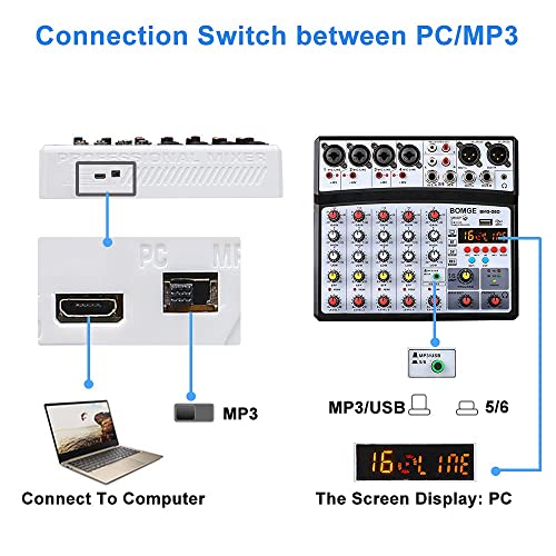 BOMGE 6 Channel Audio Sound Mixer - Professional Digital DJ Mixing Console for Live Streaming, Karaoke and Stereo Recording - With PC Computer Record Playback/Bluetooth/MP3/USB/48V /16 DSP Echo