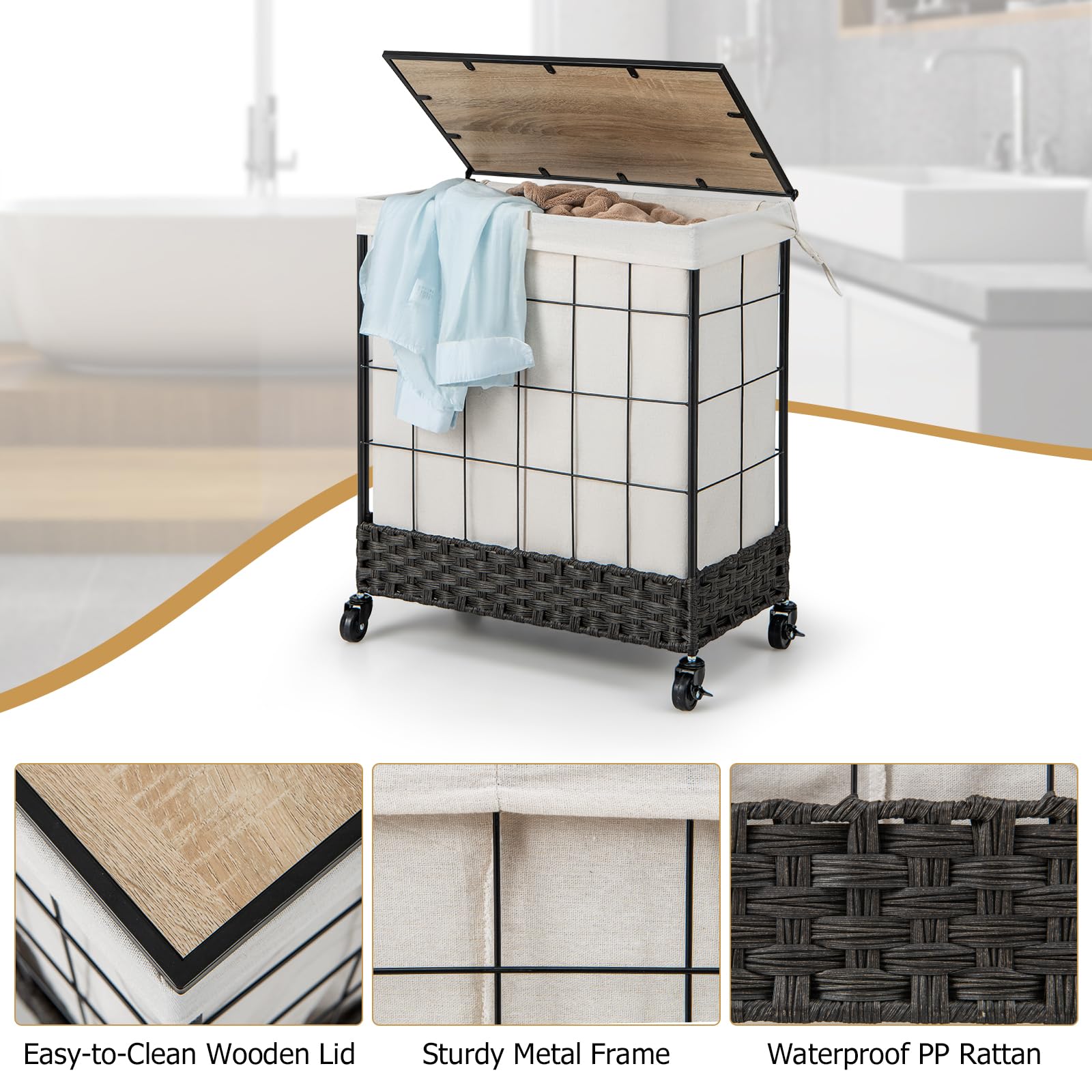Giantex Laundry Hamper with Wheels and Lid, 110L Heavy Duty Laundry Sorter with Removable Liner Bag & Wood Lid, 2-Section Divided Metal Laundry Basket, Handwoven Rattan Rolling Laundry Basket (Black)