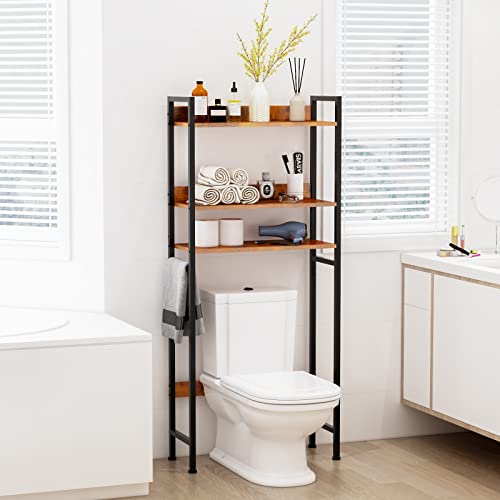 Furnulem Over The Toilet Storage Cabinet with 2 Drawers, 3-Tier Bathroom Organizer Space Saver Rack Wood Shelf, Floor Mount Above Toilet,Freestanding with Adjustable Feet (Rustic Brown)