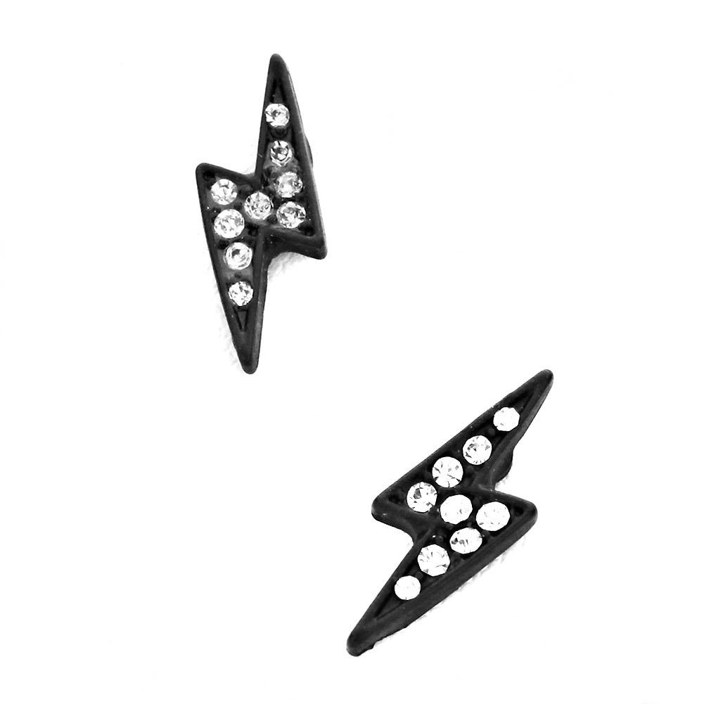 Black Lightning Bolt Post Earrings with Clear Crystals