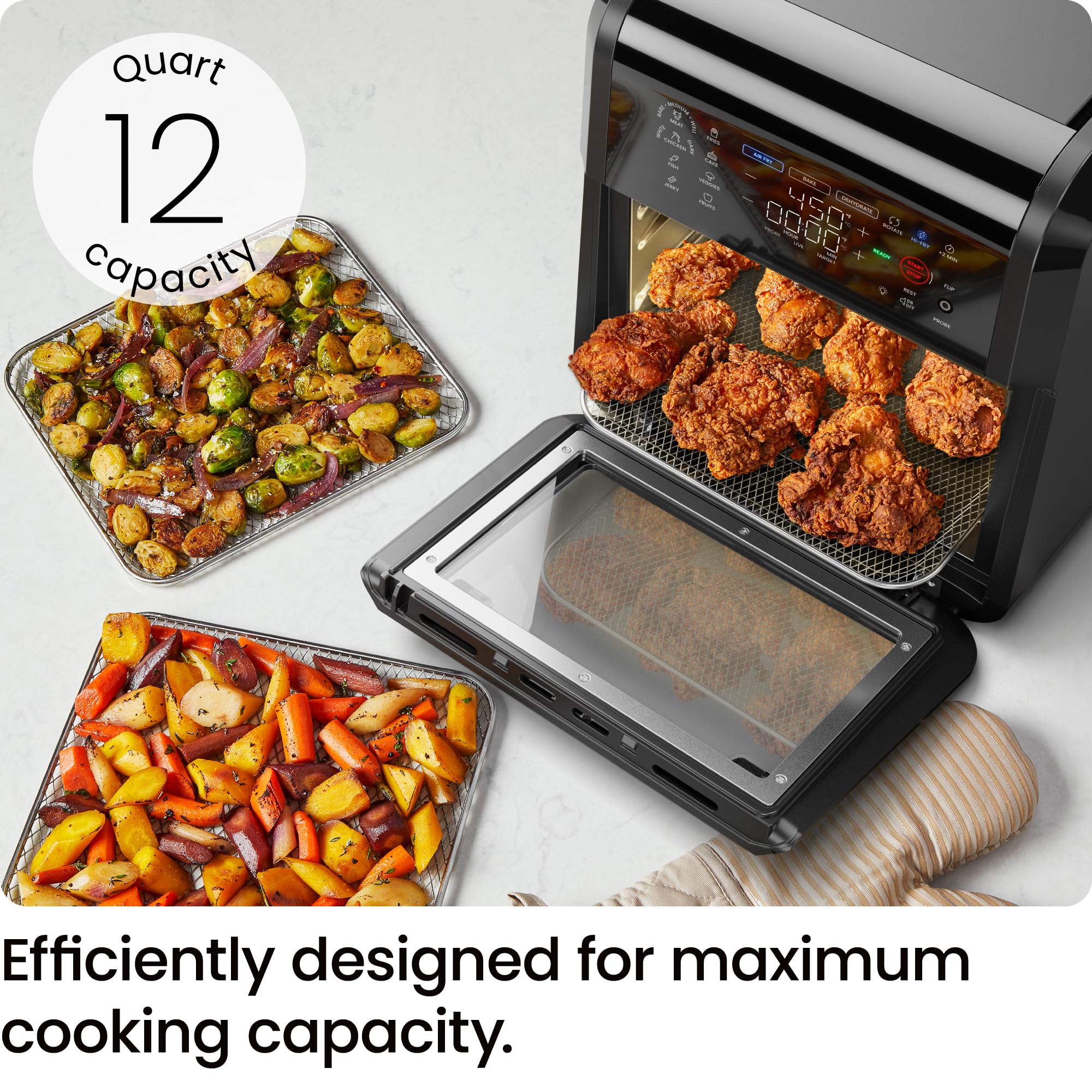 CHEFMAN ExacTemp⢠12 Quart 5-in-1 Air Fryer with Integrated Smart Cooking Thermometer, 28 Touchscreen Presets, Rotisserie, Dehydrator, Bake, XL Convection Oven with Auto Shutoff, Black