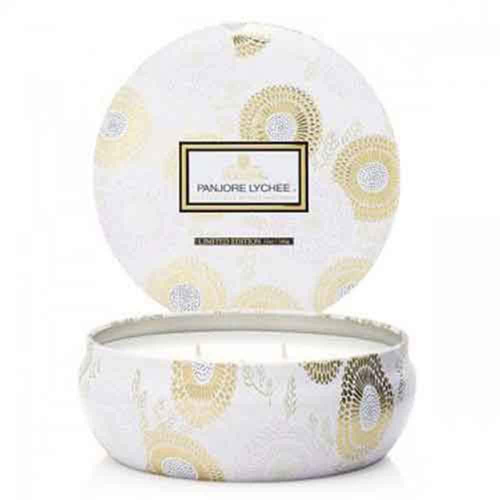 Voluspa Panjore Lychee Candle | 3 Wick Tin | 12 Oz. | 40 Hour Burn Time | Vegan | All Natural Wicks and Coconut Wax for Clean Burning