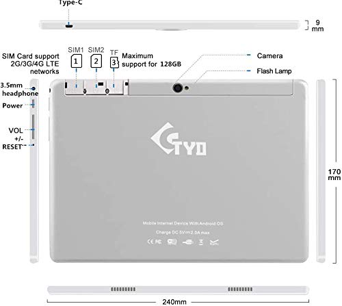 Deca core 10.1" Inch TYD Tablet Google Android 10, 4G LTE Dual SIM, 4GB RAM 64GB Storage, 1920 1200 Full HD IPS Touchscreen,Dual Camera, WiFi/WLAN/Bluetooth/GPS TYD-109 (64GB, Silver)