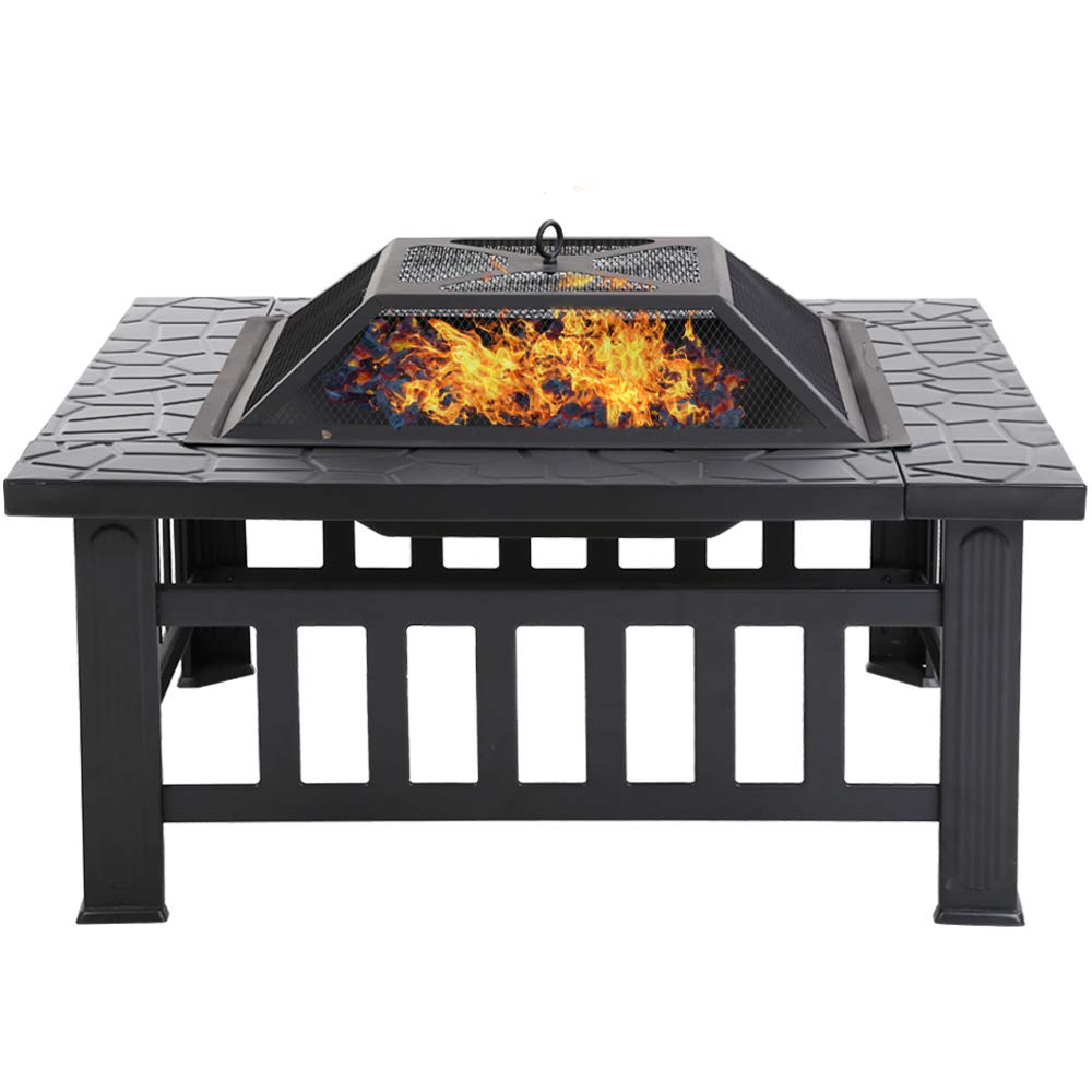 Fire Pit, 32â Outdoor Metal Fire Pit Table with Durable Steel Frame, Poker & Mesh Cover, Wood Burning Square Fireplace Backyard Patio Stove for Camping Picnic Bonfire BBQ, Black