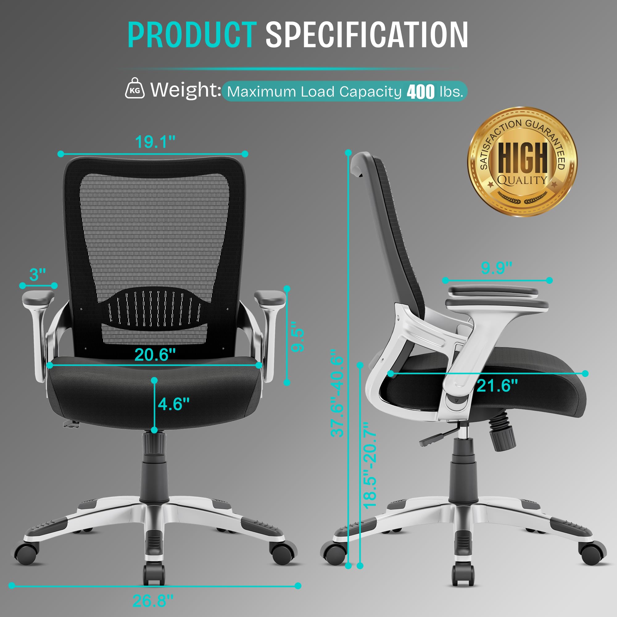 SUNNOW Office Chair, Ergonomic Computer Desk Chair, Sturdy Executive Task Chair - Adjustable Lumbar Support, Flip-up Arms, Tilt Function, Comfy Wide Seat, Swivel Mesh Home Office Desk Chairs (Black)