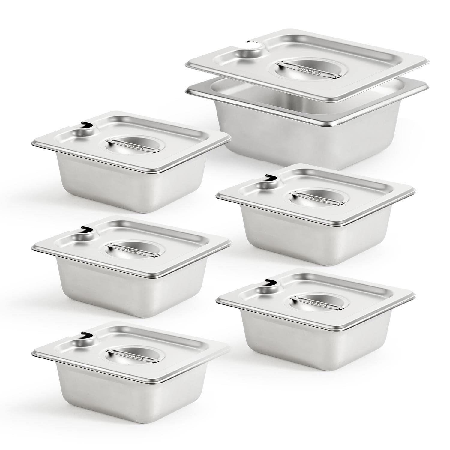 CURTA 6 Pack Anti-Jam Slotted Hotel Pans with Lids, 1/6 Size 2 1/2 Inch Deep, NSF Commercial 18/8 Stainless Steel Chafing Steam Table Food Pan with Covers