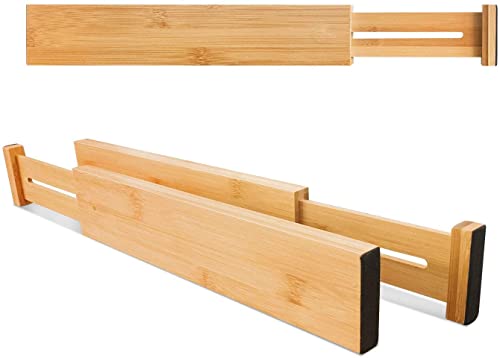 VaeFae 6 Pack Bamboo Drawer Dividers, Adjustable Drawer Organizer, Expandable Organization for Kitchen, Office, Bedroom, Dressers and Bathroom