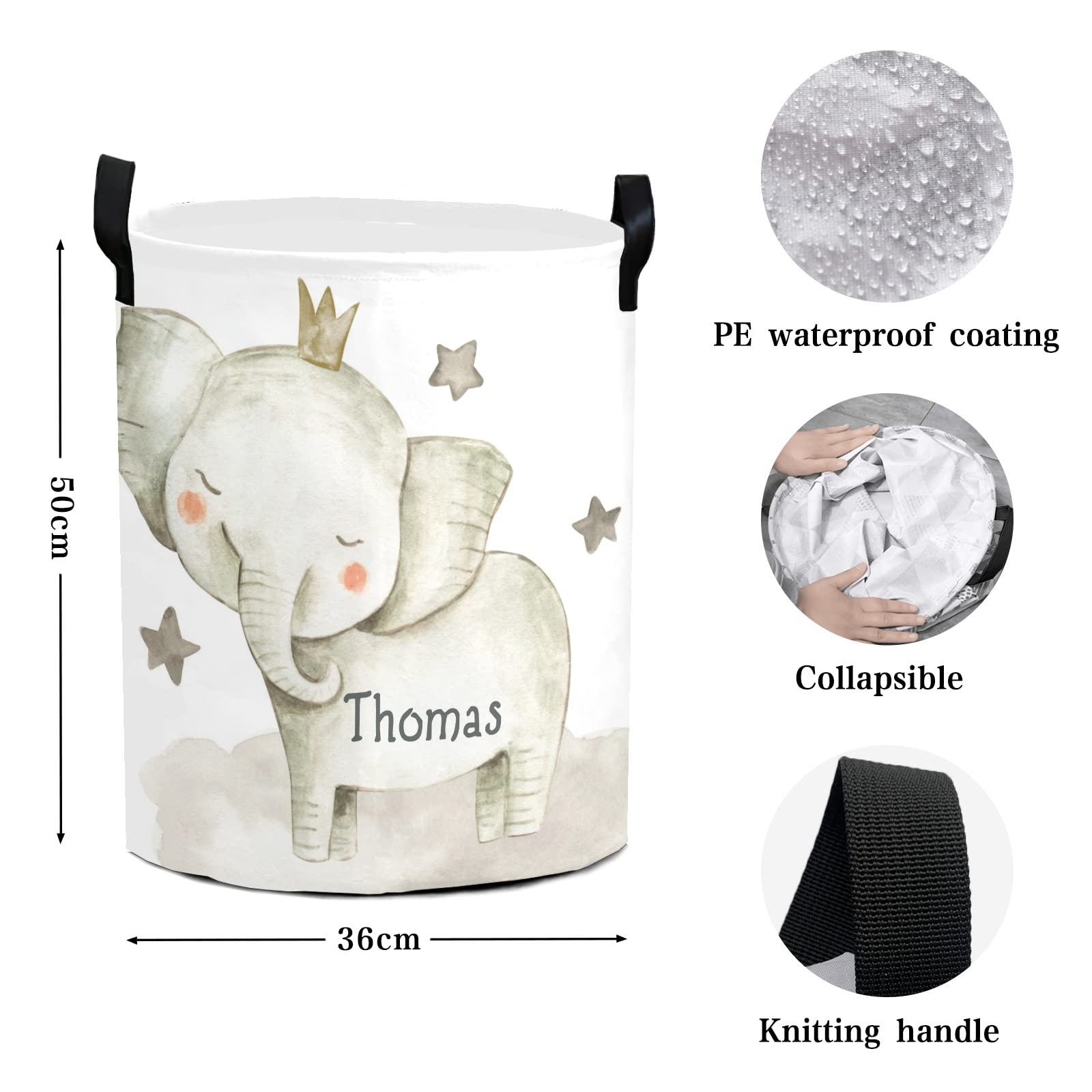 Cute Prince Elephant Personalized Laundry Hamper,Custom Name Collapsible Waterproof Laundry Basket Storage Bins with Handle for Clothes,Toy,Nursery