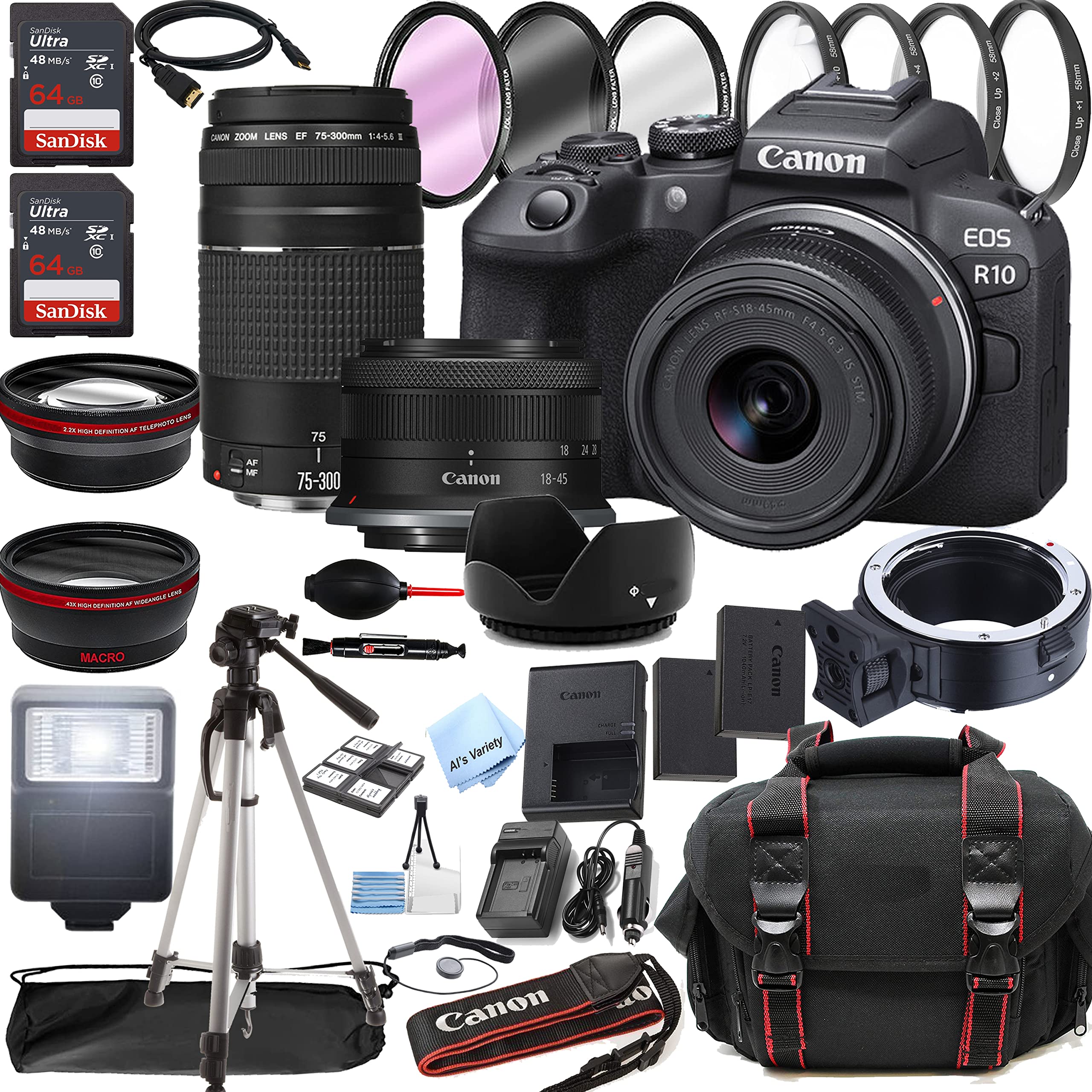 Canon EOS R10 Mirrorless Digital Camera with RF-S 18-45mm f/4.5-6.3 is STM Lens + 75-300mm F/4-5.6 III Lens + 128GB Memory + Case + Tripod + Filters (40pc Bundle)
