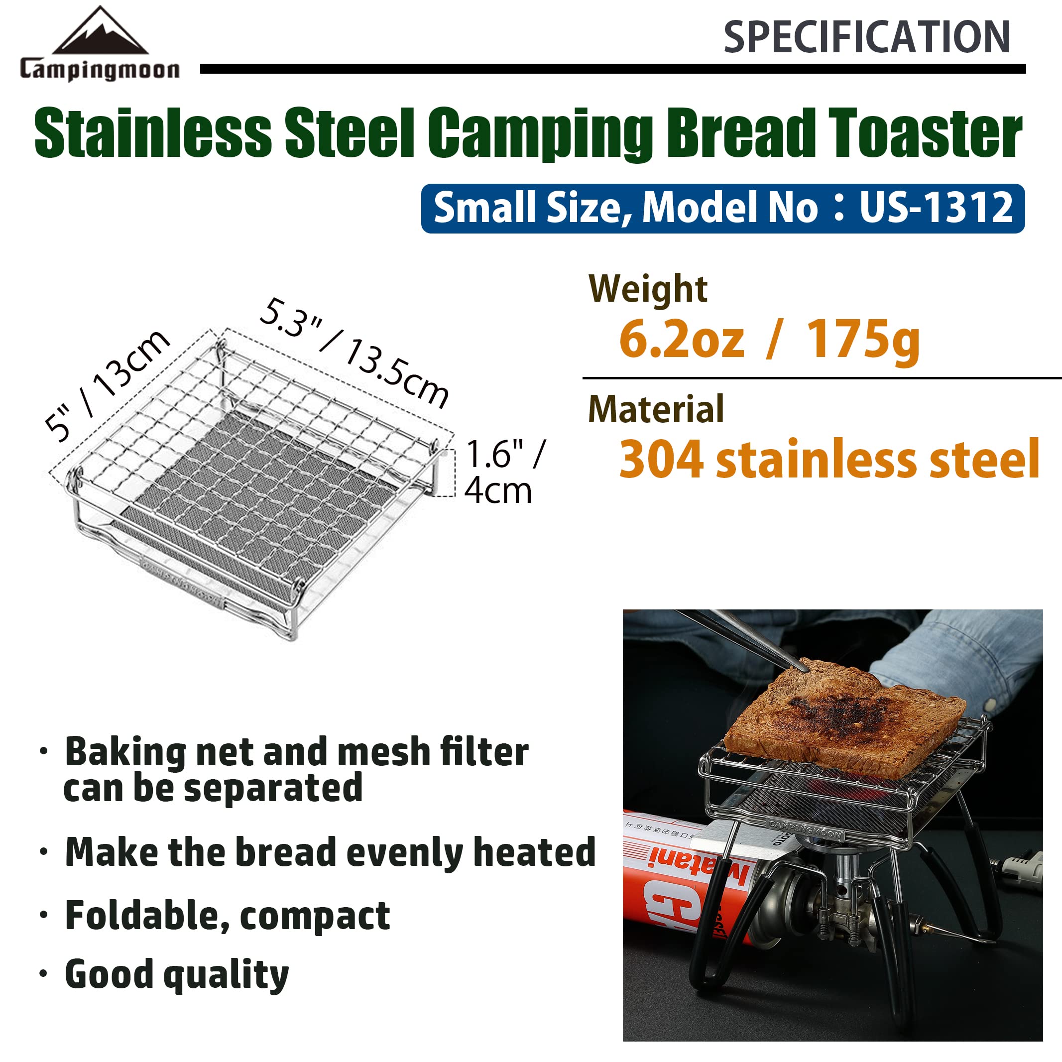 CAMPINGMOON Bread Toaster for Camping Stove Gas Fire 304 Stainless Steel Bread Toaster Small Size US-1312