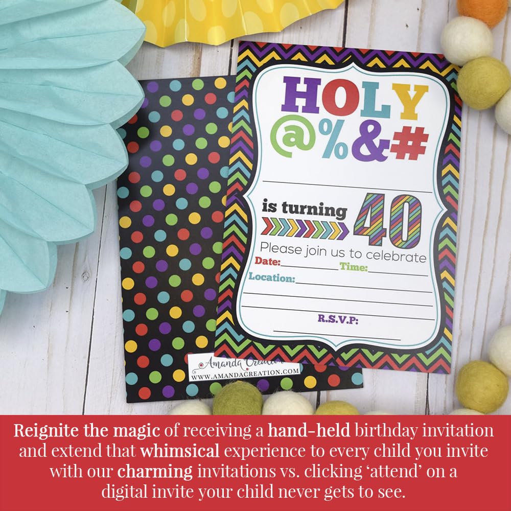 HOLY @% 40th Birthday Party Invitations, 20 Funny 5x7 Fill In Cards with Twenty White Envelopes for Milestone Birthdays by AmandaCreation