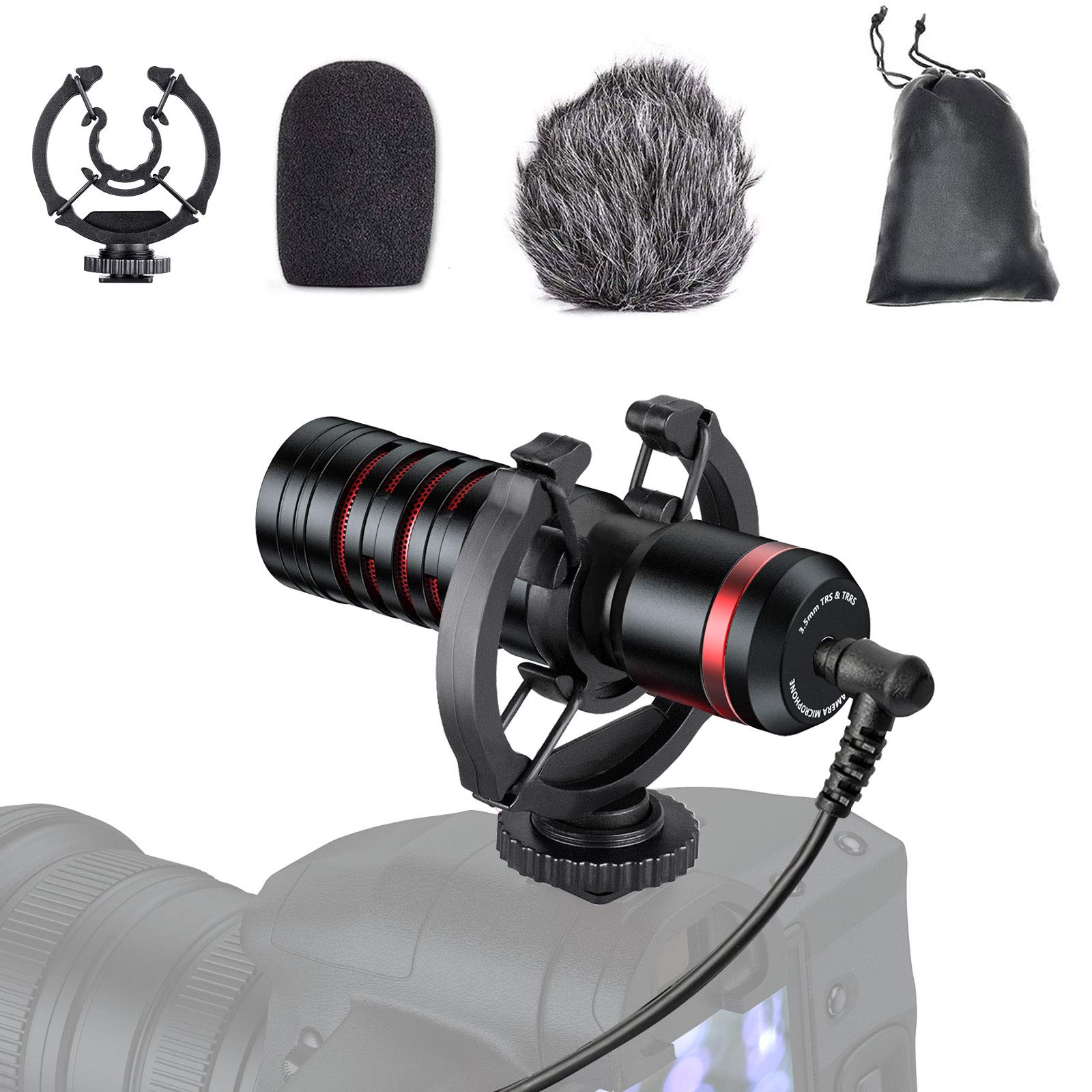 Cenawin Video Microphone, Universal Camera Microphone with Shock Mount for iPhone Android Smartphones, Vlogging,Canon EOS, Nikon DSLR Camera, Panasonic, and Camcorders - Shotgun Microphone