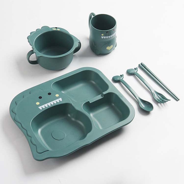 Dinosaur Unbreakable, Microwavable & Dishwasher Safe Wheat Straw BPA-Free & Non-Toxin Training Tableware Dinner Set Suitable for Infants, Toddlers and Kids (Green) (6 Piece Set)