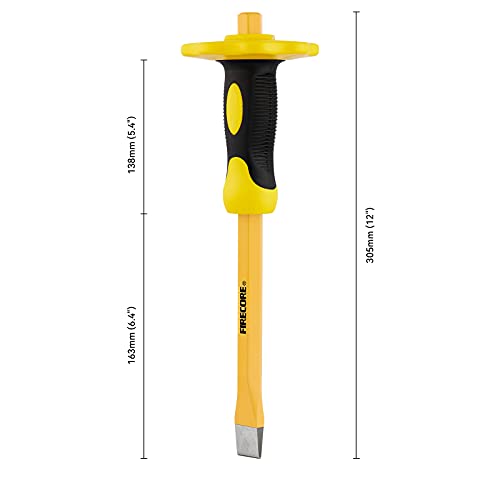 Firecore FS305F Masonry Chisel with Hand Guard, 12 inches Heavy Duty Flat Chisel with Hand Protection, Concrete Mortar Stone Breaker Chisel for Demolishing Carving Splitting Breaking Cutting