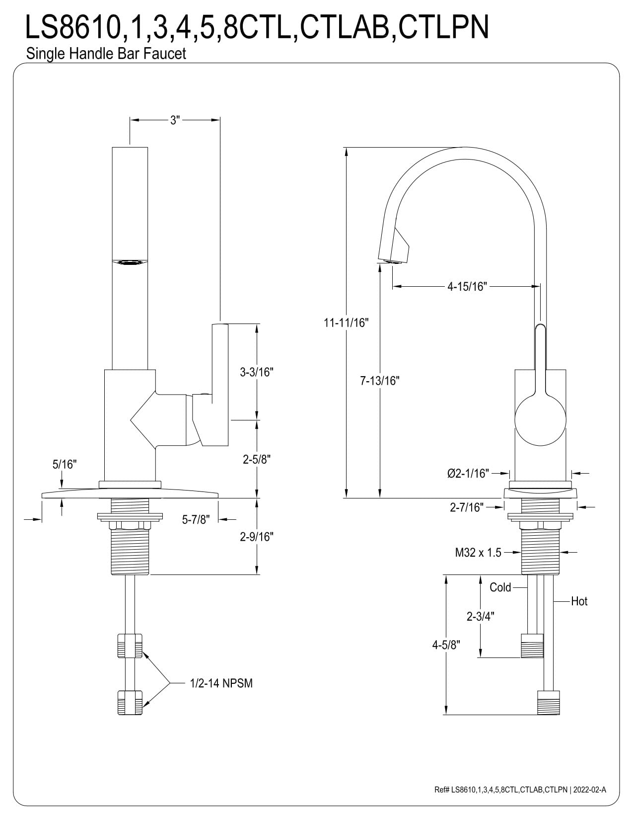 Kingston Brass LS8618CTL Continental Bar Faucet, Brushed Nickel