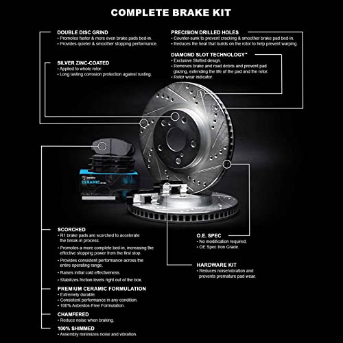 R1 Concepts Front Brakes and Rotors Kit |Front Brake Pads| Brake Rotors and Pads| Ceramic Brake Pads and Rotors |Hardware Kit|fits 2002-2011 Acura RSX; Honda Civic
