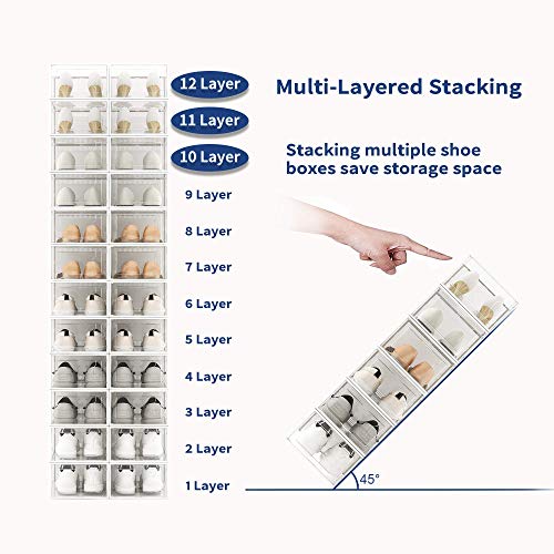 SEE SPRING 12 Pack Medium + 12 Pack X-large Shoe Storage Box, Clear Plastic Stackable Shoe Organizer for Closet, Space Saving Foldable Shoe Containers Bins Holders (Black Clear)