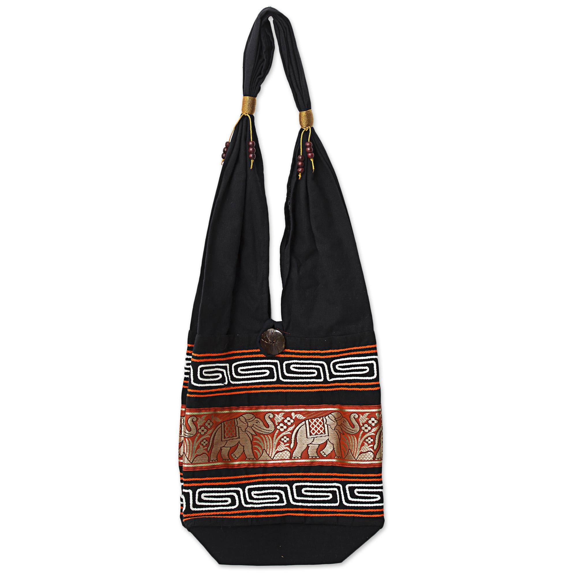 NOVICA Artisan Handmade Cotton Blend Shoulder Bag Black Vermilion from Thailand Wood Handbags Orange Gold Tone Embroidered Animal Themed Elephant ' Thai Elephants in Vermilion'