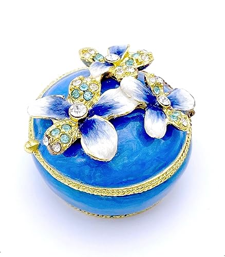 JWT Astyle Orchid Flower Blue Trinket Boxes Hinged Small Jewelry Box with Crystals.Collectible Trinkets Home Gift Enamel Decorative Tiny Keepsake Box Decor Necklace Rings Earrings Organizer.
