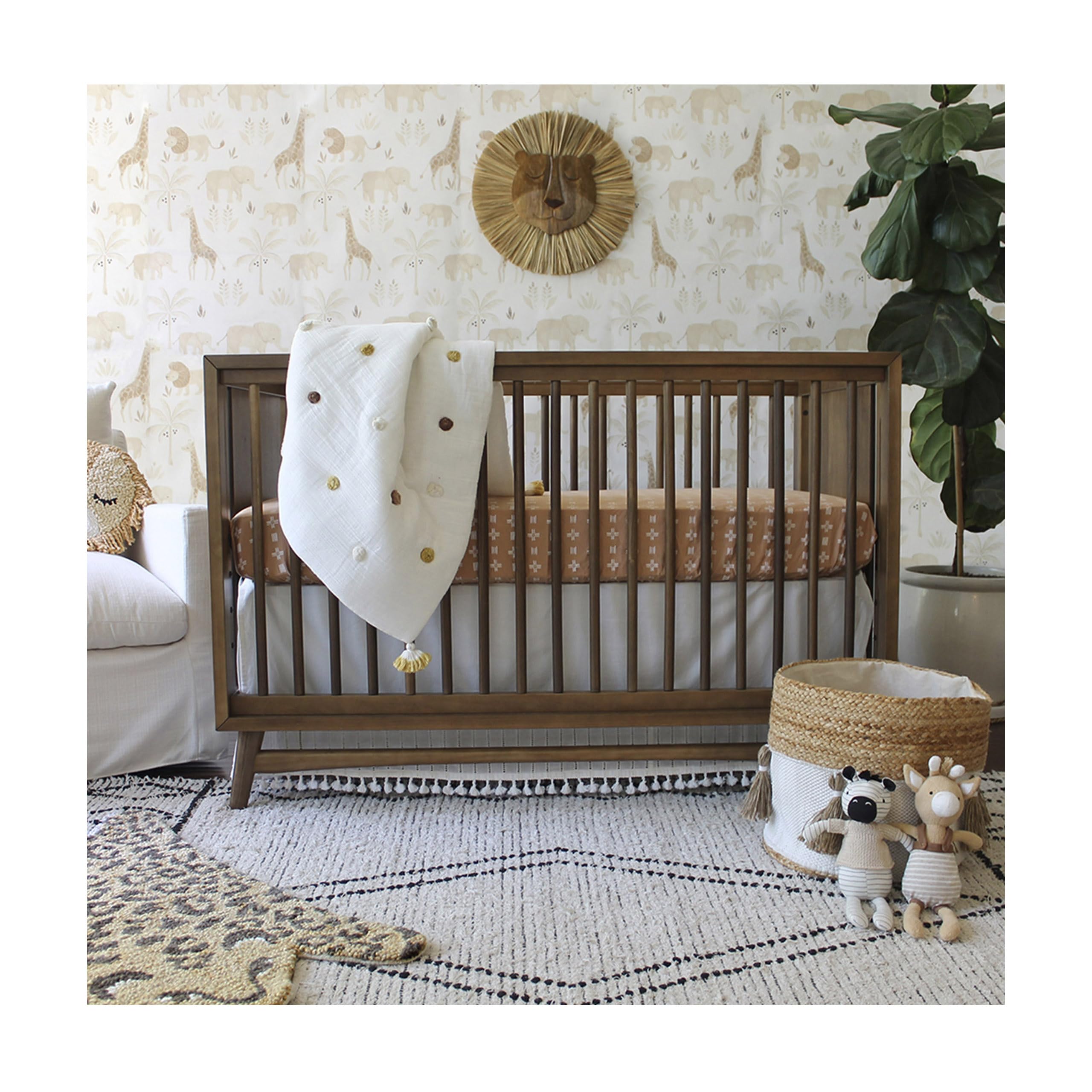 Crane Baby Blanket, Soft Cotton Pom Pom Nursery and Toddler Blanket for Boys and Girls, Cream, 36” x 36”