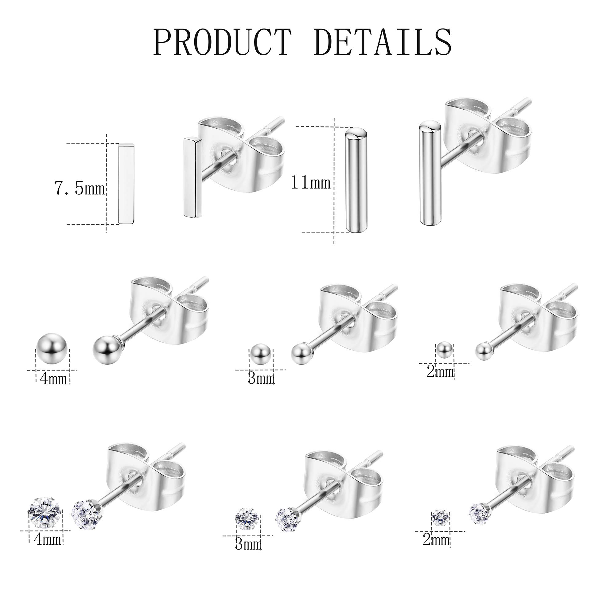 CASSIECA 15 Pairs Stainless Steel Tiny Bar Stud Earrings Small CZ Ball Cartilage Piercing Mini Stick Line Barbell Stud Earring Set for Women Men 2MM-4MM