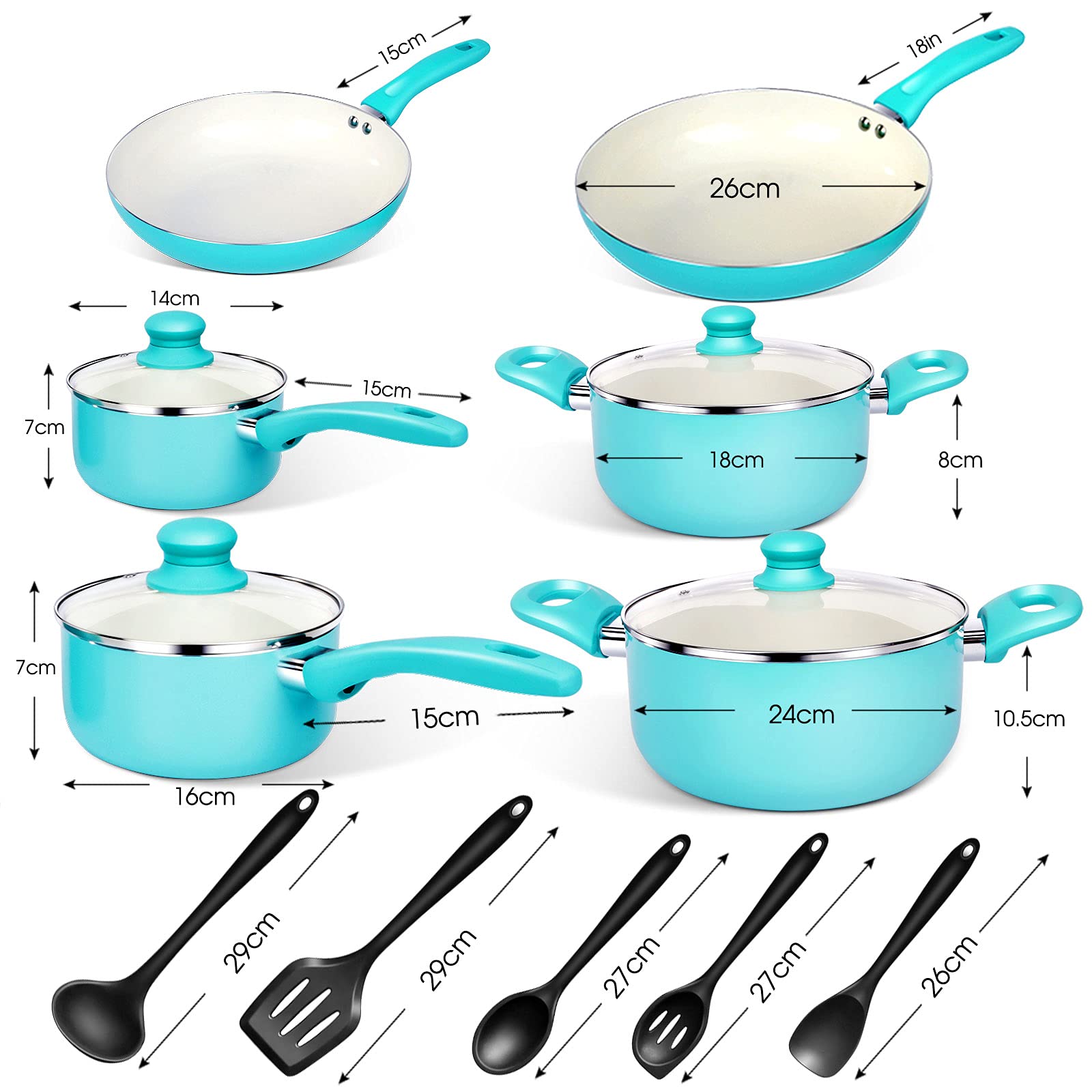 Masthome 16 Piece Ceramic Nonstick Cookware Set,Soft Grip Healthy Pots and Pans Set with Lids and Utensils for Kitchen,PFAS-Free, Dishwasher Safe-Tiffany Blue Extra Spoons and Silicone Spatula Set