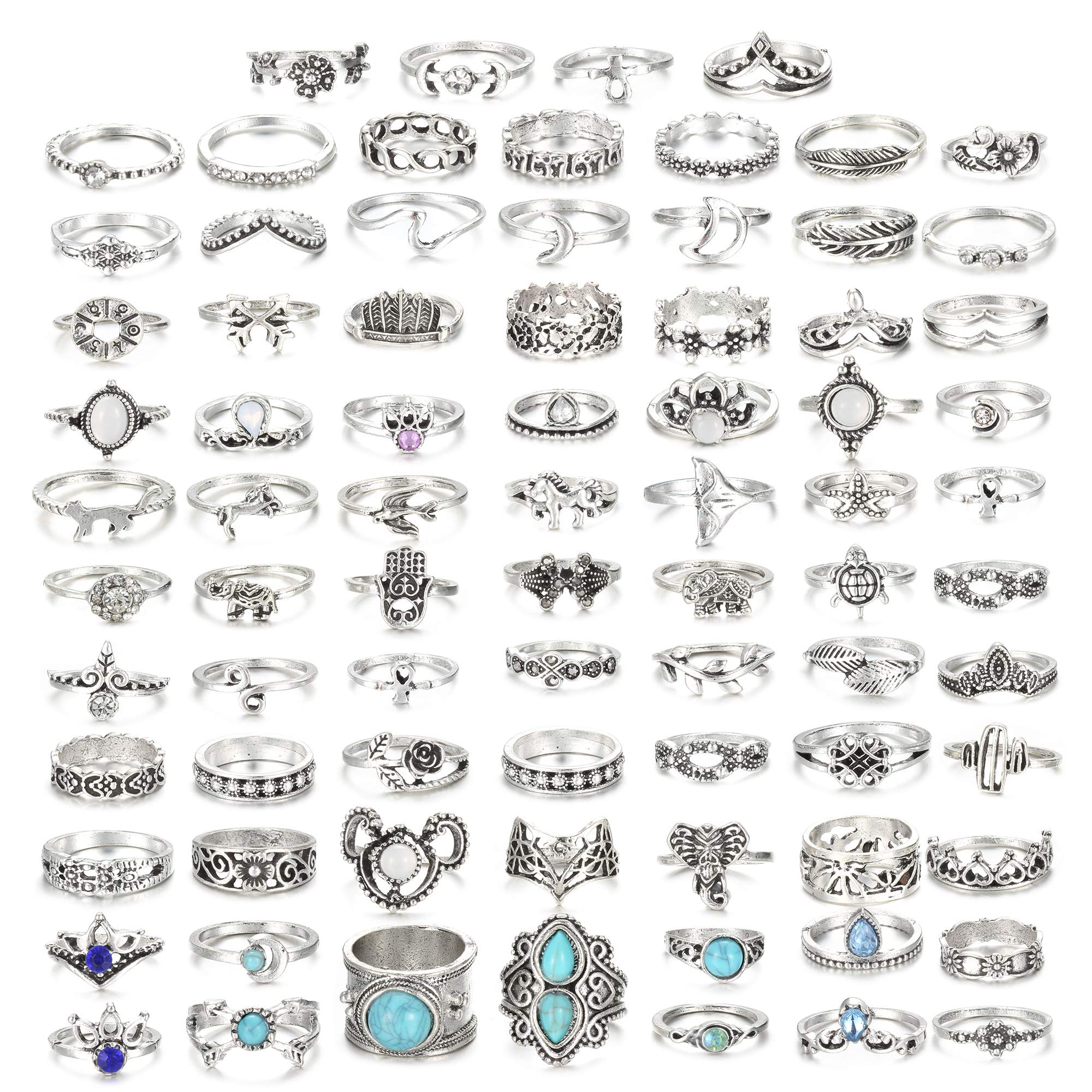 CASSIECA 79 Pcs Vintage Knuckle Rings for Women Turquoise Bead Stackable Midi Finger Ring Set Boho Jewelry