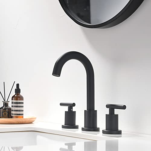 FROPO Two Handle Widespread Bathroom Sink Faucet - 3 Hole Vanity Faucet with Pop-Up Drain & cUPC Faucet Supply Lines, 8 Inch Black Bathroom Sink Faucet