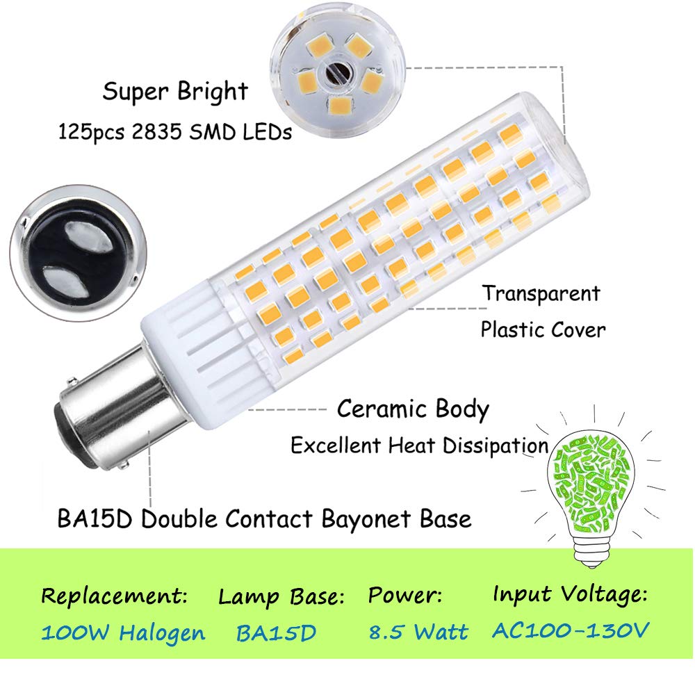 Bonlux Dimmable BA15D DC Bayonet Base LED Light Bulb 120V, 8.5W - 100W Halogen Bulbs Equivalent Replaces JD Type T4 Clear Bulb Daylight 6000K for Pendants Ceiling Fans Sewing Machine Light (2-Pack)