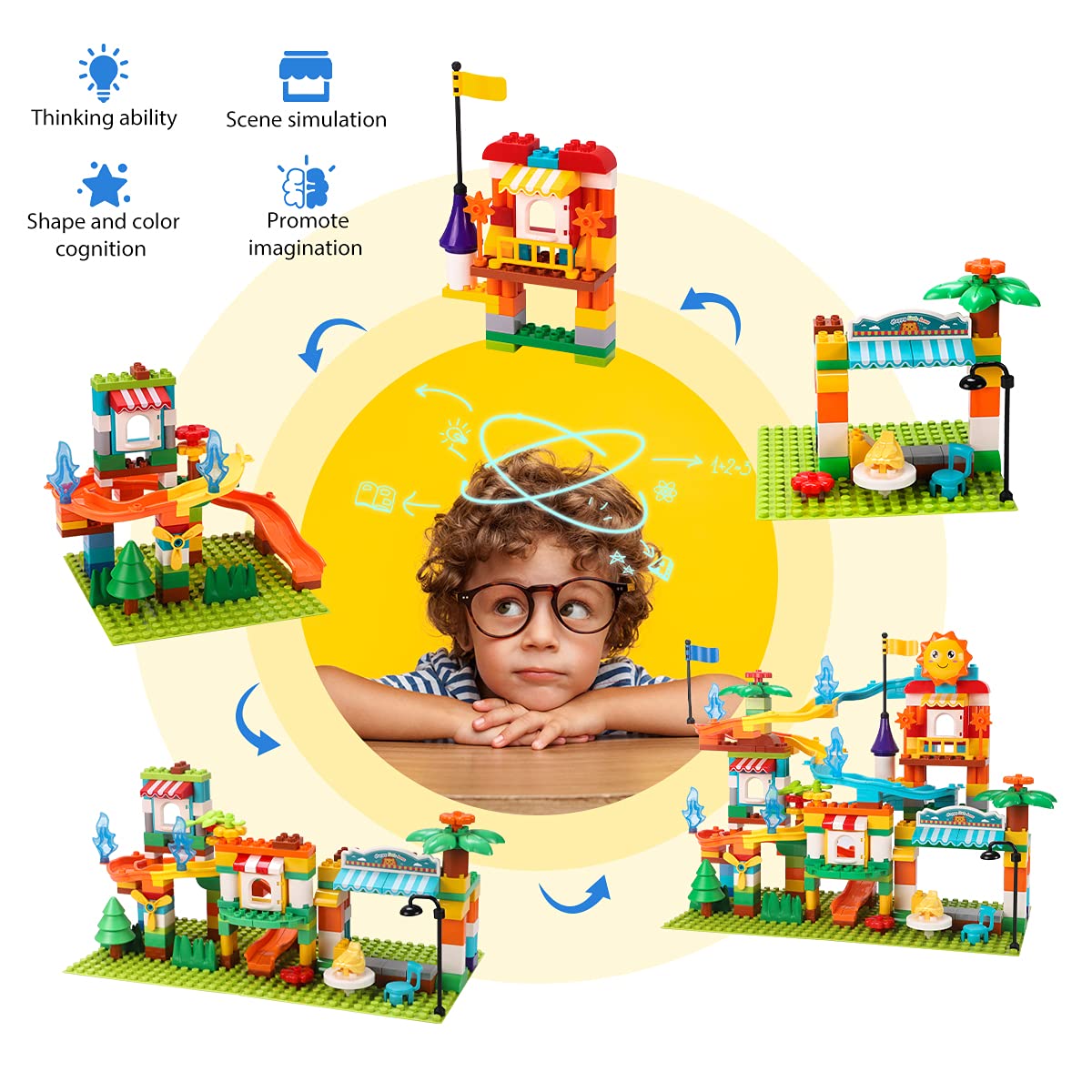REMOKING Building Blocks Marble Run, Educational Compatible Blocks Models with 4 Cars, Learning Car Track Contruction Toys Set, Great Gifts for Kids 3 Years and up(213Pcs)