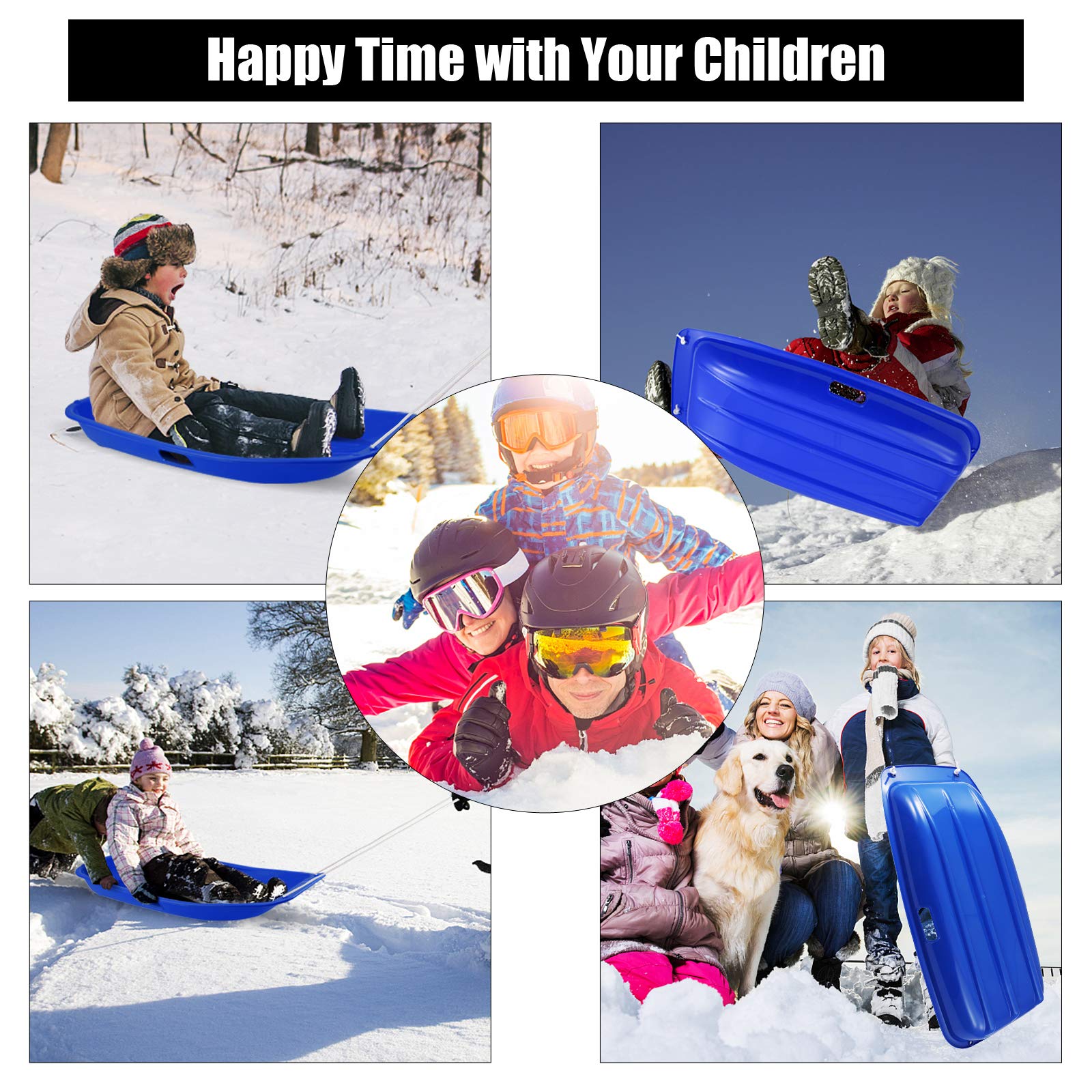 Bonnlo 2 Packs Toboggan Snow Sled, 35'' Heavy Duty Plastic Winter Downhill Sleds w/Pull Rope & 2 Handles for Kids (Blue)