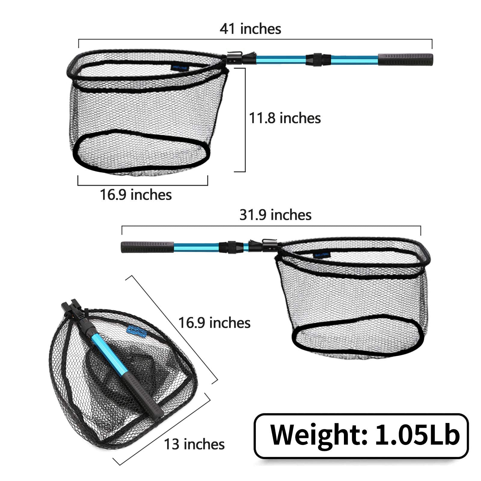 Collapsible Telescopic Pole Fishing Net - Folding Extend Rubber Coated Freshwater Saltwater Landing Net for Trout Bass Steelhead Salmon Kayak (SD-139S(1.1M))
