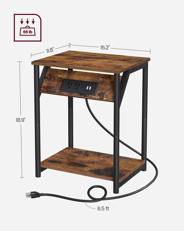 VASAGLE Side Table with Charging Station, End Table with USB Ports and Outlets, Nightstand for Living Room, Bedroom, Plug-in Series, Rustic Brown and Black ULET371B01