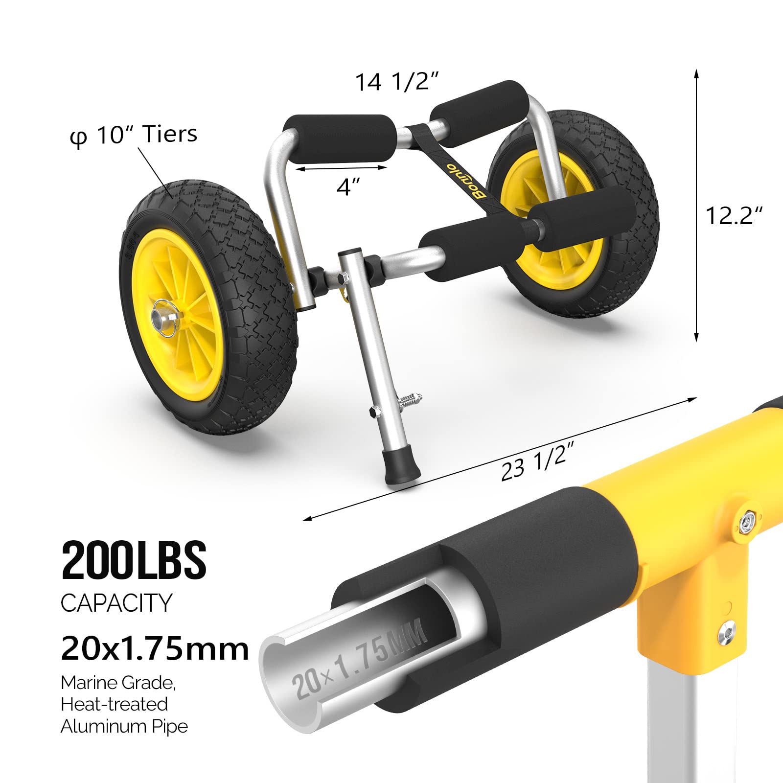 Bonnlo Kayak Car Foldable Aluminum Kayak Trailer with 10'' Solid Tires, Universal Kayak Wheels Kayak Cart Dolly for Kayak, Canoe, Paddle Board, Boat, Float Mats, Jon Boat