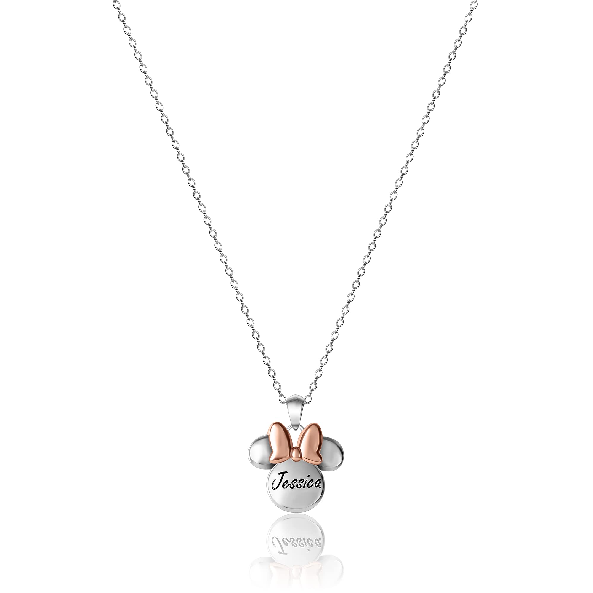 Disney Womens Minnie Mouse Custom Nameplate Necklace 18" - Sterling Silver Name Necklace with Personalized Minnie Mouse Pendant - Officially Licensed