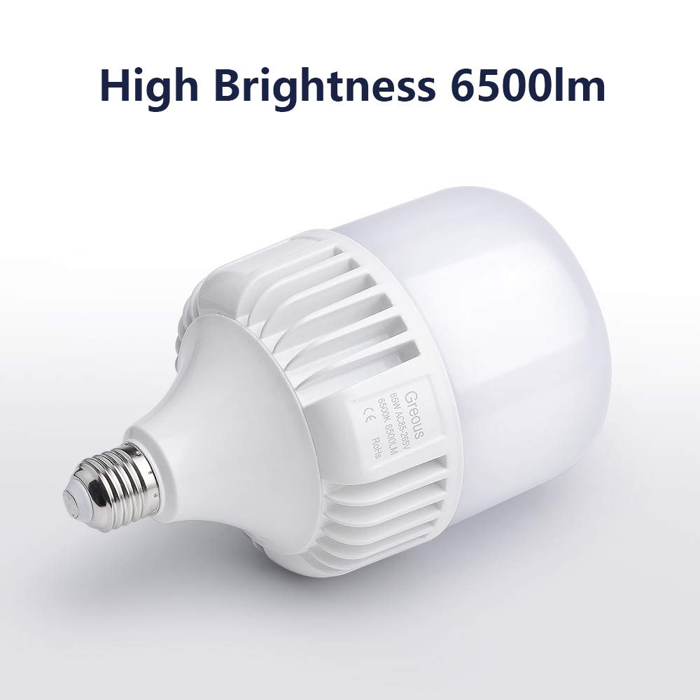 Greous Super Bright 400W-500W Light Bulb Equivalent, 65W LED Bulb 120 Volt Cool White 6500K E26, 6500 Lumens,High Watt Commercial Retrofit LED Bulbs for Yard Garage Factory Warehouse Workshop